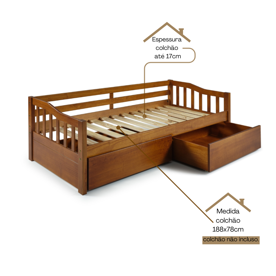 Sofá Cama Plus com Dois Gavetões em Madeira Maciça Mv Outlet Mel